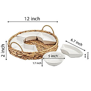 AVLA Ceramic Divided Serving Dishes, Porcelain Relish Tray, Party Appetizer Platter, 6 Removable Snack Bowls with Cattail Basket for Chips and Dips, Candy, Nut, Condiment, Veggie, Portable Handle