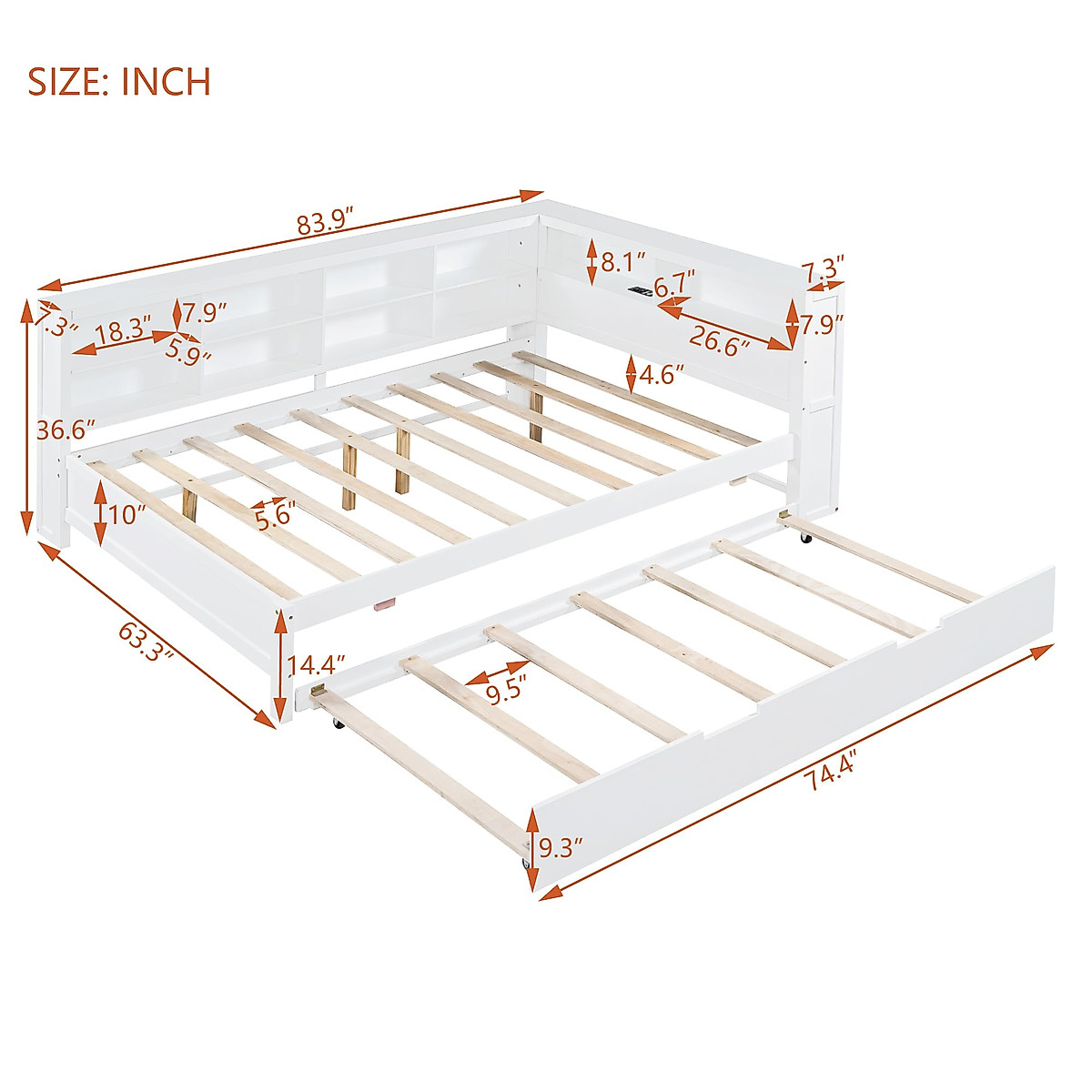 Harper & Bright Designs Full Daybed Frame with L-Shaped Bookcases, Wood Bed Frames with Trundle and USB Ports,Full Size Platform Bed with Storage Shelf and Charging Station for Kids Girls Boys, White