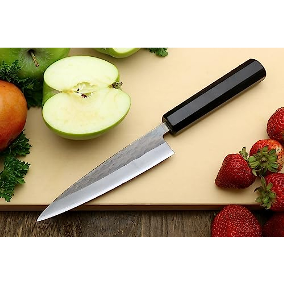 Yoshihiro Kurouchi Black-Forged Blue Steel Stainless Clad Petty Utility Knife Ebony Handle (5.3'' (135mm) & No Saya)