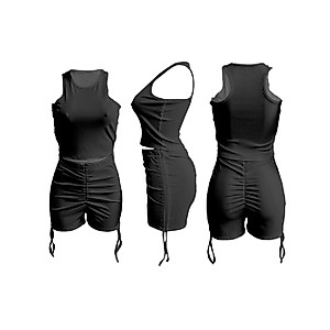 Workout Sets for Women 2 Piece Outfits Sexy Ribbed Crop Tank Top Drawstring High Waist Shorts Summer Short Set Black XL