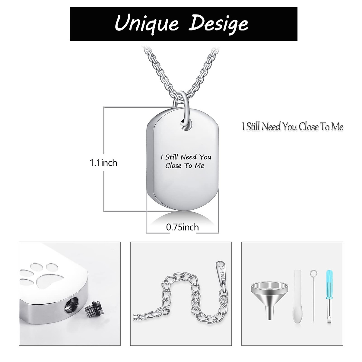 E&A Pet Cremation Jewelry for Ashes Dog, Urn Necklace for Ashes, Memorial Ash Necklace for Dog, Pet Ashes Stainless Steel Pendant, Dog/Cat Paw Keepsake Jewelry