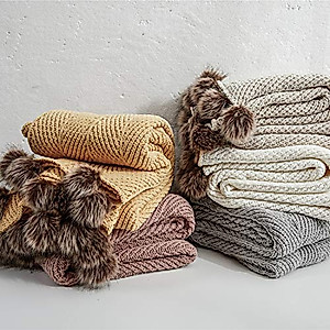 vctops Fur Pom Pom Knit Throw Blanket Super Soft Warm Cozy Cable Knitted Blanket for Sofa and Couch 51 x 63 Inch Light Grey