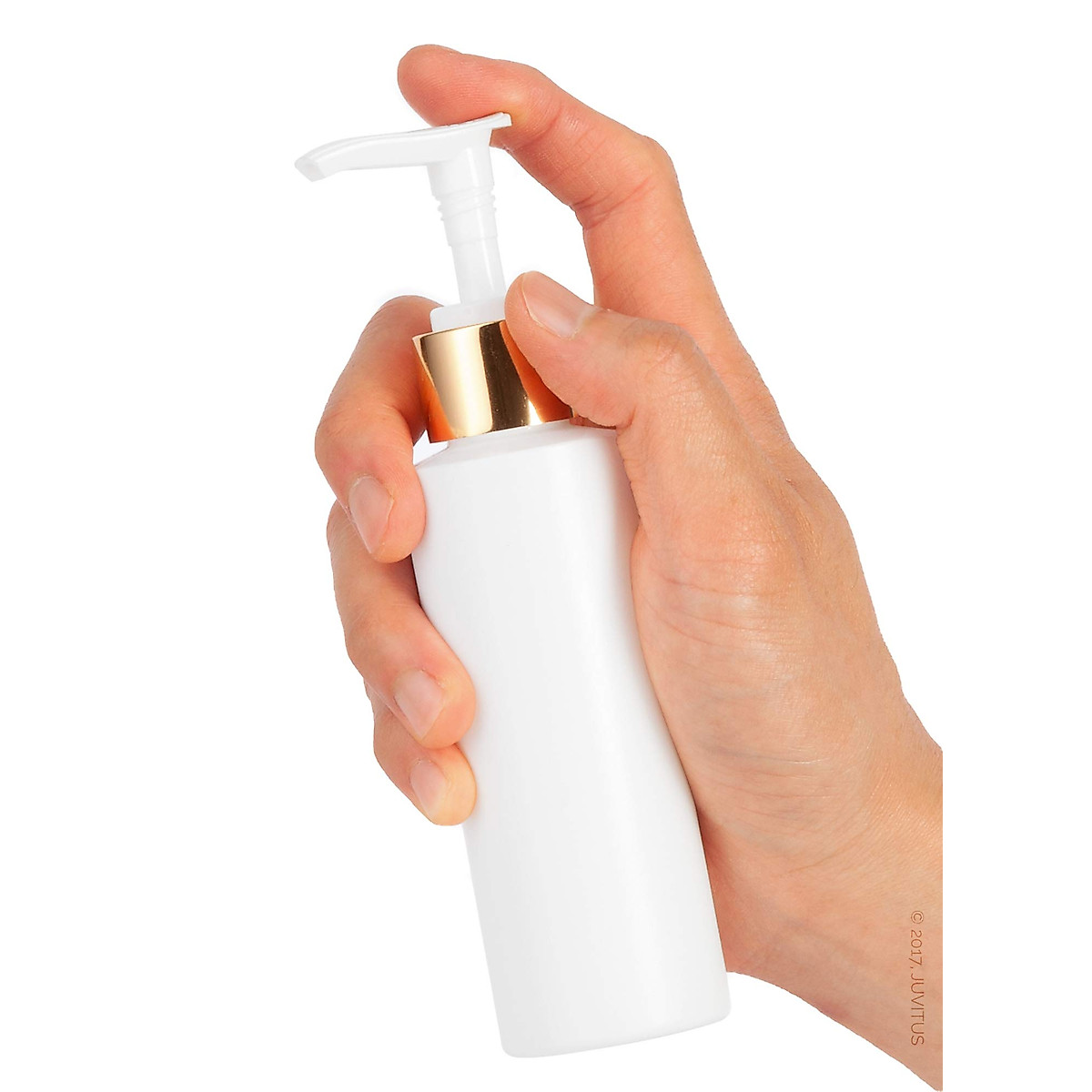 4 oz / 120 ml White Plastic HDPE Refillable Cylinder Squeeze Bottle with Gold Lotion Pump (12 Pack)