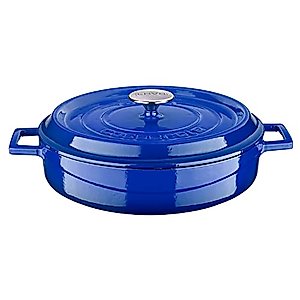 LAVA 3.7 Quart Enameled Cast Iron Braiser: Multipurpose Stylish Blue Round Dutch Oven Pot with Glossy Sand-Colored Three Layers of Enamel Coated Interior and Trendy Lid