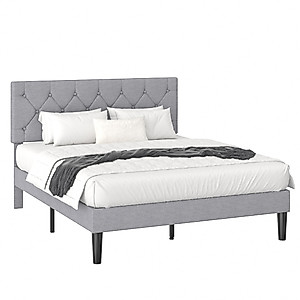 VECELO Full Bed Frame with Button Tufted Headboard, Upholstered Platform Bedframe with Wood Slat Support, No Box Spring Needed, Grey