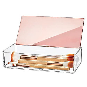 mDesign Small Makeup Organizer Box with Decorative Lid for Vanity Countertops, Cabinet - Store Makeup Brushes, Eye Shadow Palettes, Lipstick, Lip Gloss, Blush, Jewelry - Plastic, Clear/Rose Gold