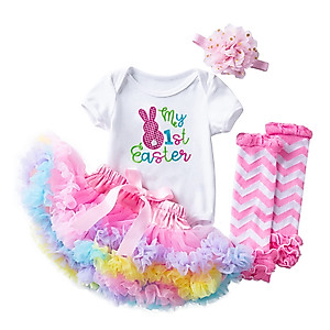 My First Easter Outfits Baby Girl Short Sleeve Rabbit Romper+Tutu Skirt+Headband+Leg Warmers Clothes Set (Pink, 0-3 Months)