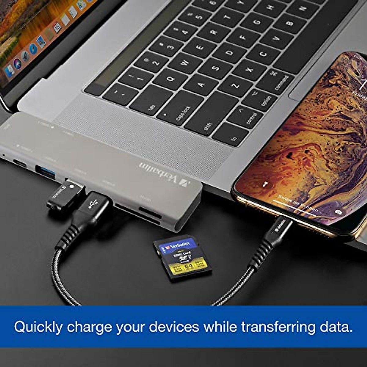 Verbatim 7-in-2 USB C Hub Adapter - 100W Power Delivery, USB 3.0, SD Card Readers for MacBook Pro + 6FT Monster 4K Ultra HDMI Cable