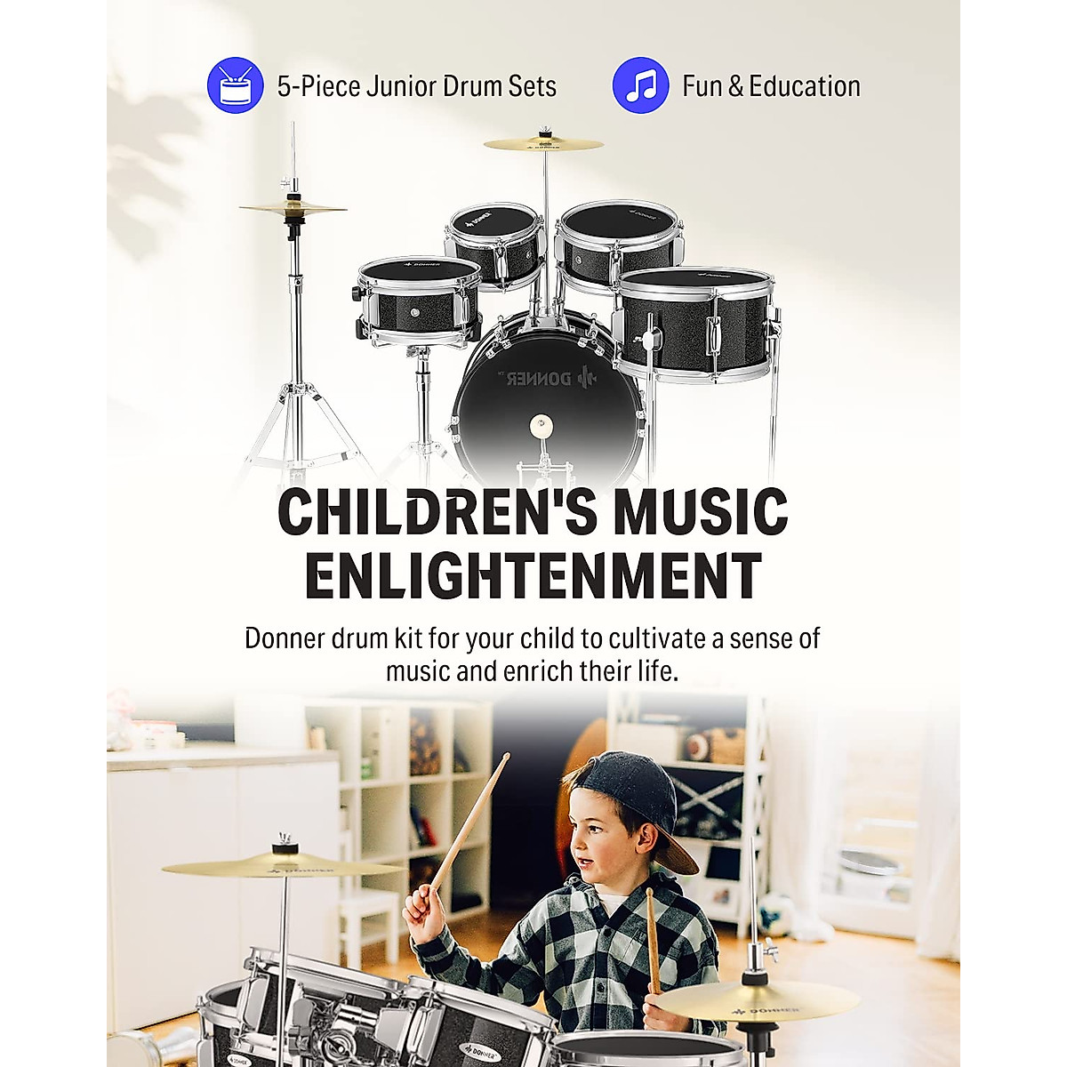 Kid Drum Sets-Donner 5-Piece for Beginners, 14 inch Full Size Complete Junior Drum Kit with Adjustable Throne, Cymbal, Hi-Hat, Pedal & Drumstick, Metallic Black