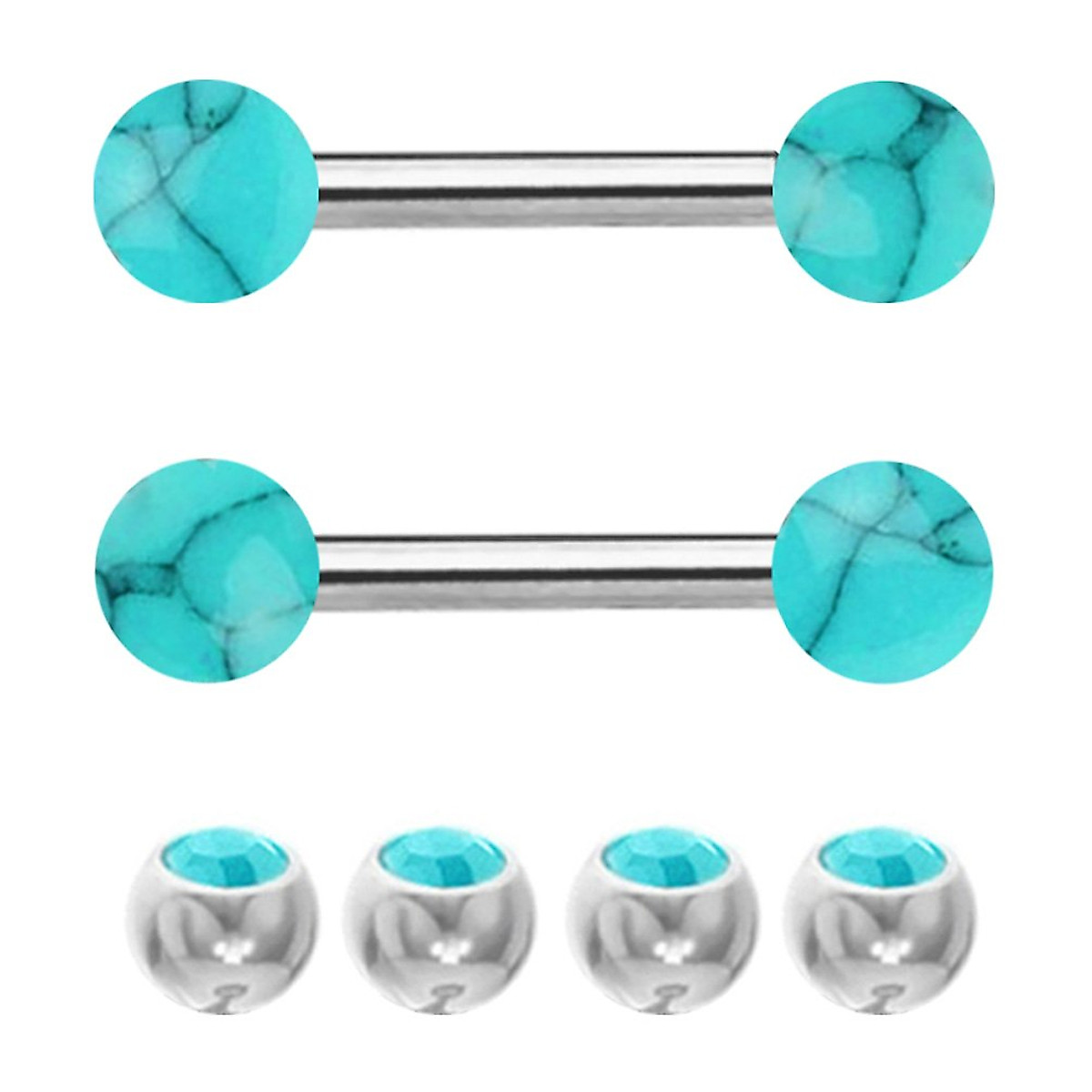 Pair of Turquoise Balls & 4 Aqua lt Blue gem Changeable Balls Nipple bar Rings - 14g