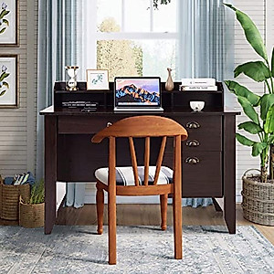 Tangkula Computer Desk with 4 Storage Drawers & Hutch, Home Office Desk Vintage Desk with Storage Shelves, Wooden Executive Desk Writing Study Desk (Brown)