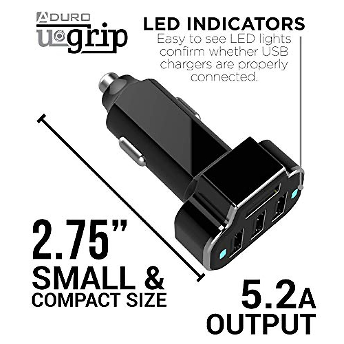 Aduro 4 Port Car Charger USB Adapter, 12V Fast Car Charger USB Adapter Power Station 5.2A/26W Output (Black)