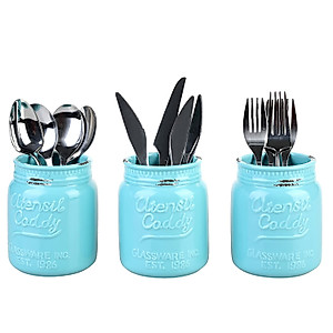 MyGift Aqua Blue Ceramic Mason Jar Flatware Holder Storage Organizer with Decorative Embossed Utensil Caddy Word Design, Farmhouse Kitchen Decor, Set of 3