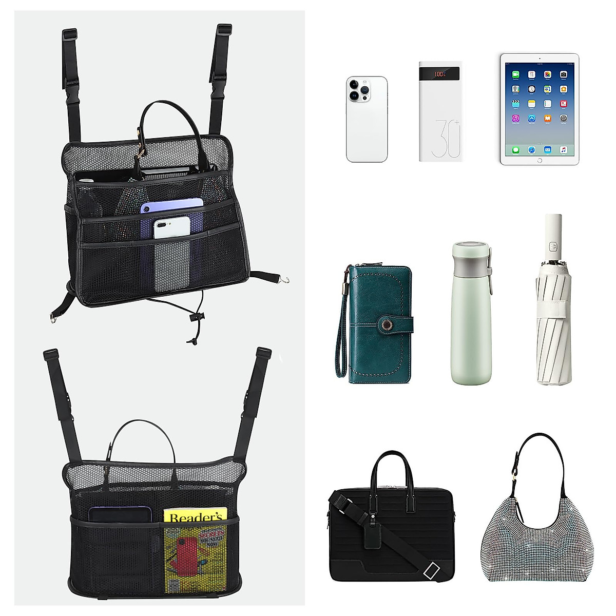 Cavalcade Car Net Pocket, Back Seat Mesh Organizer, Automotive Console Handbag Holder, Netting Pouch Storage Bag for Car, Barrier of Backseat Pet Kids, Black