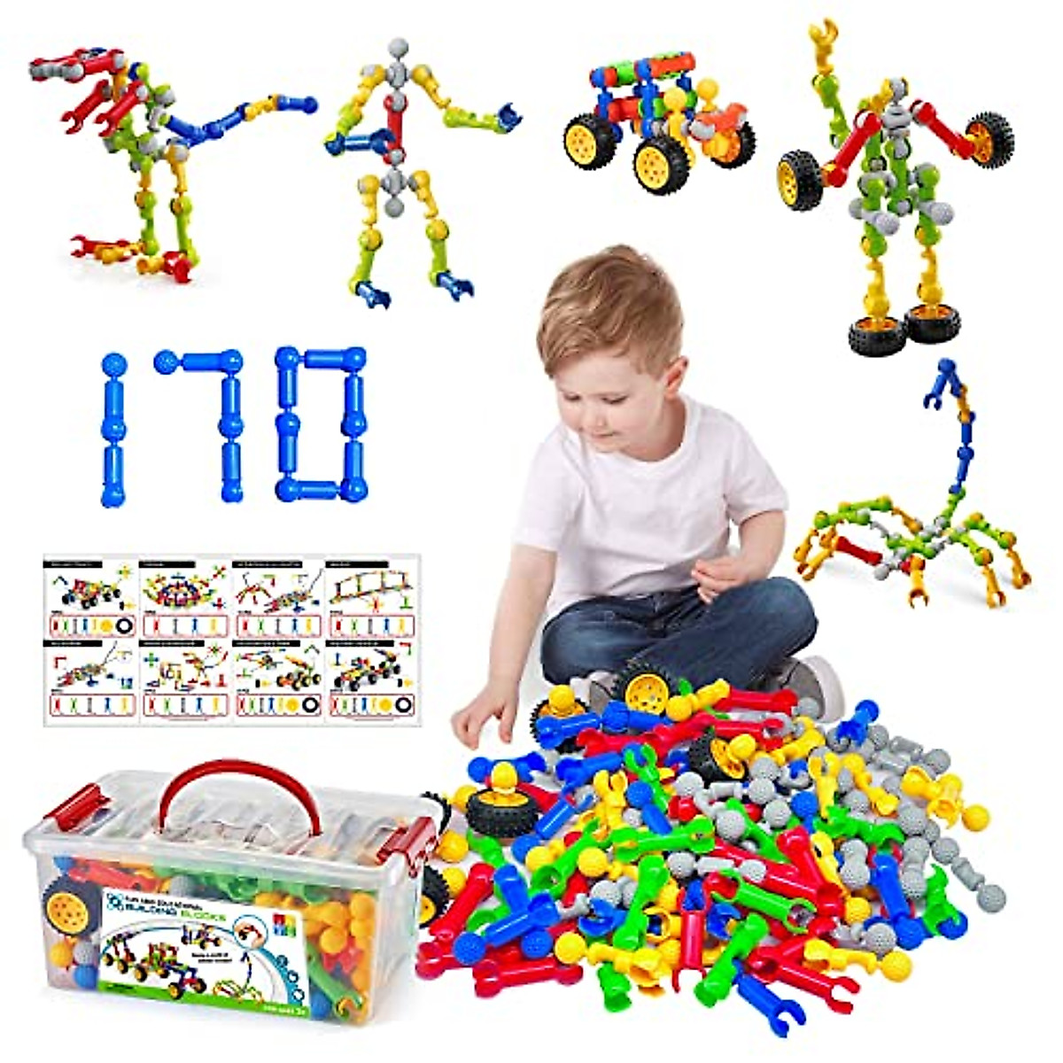 170 Pcs Building Toys for Kids Ages 4-8 with Toy Box Storage, Idea Guide, Building Blocks STEM Toys for 3 4 5 6 7 8 9 Year Old Creative Kids Activity, Christmas Birthday Gifts for Boys Girls