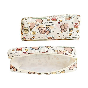 NAPIMICO Cute Small Pencil Pouch Kawaii Pencil Case Canvas Capybara Makeup Bag Aesthetic Stationery Organizer Pen Holder (Beige)