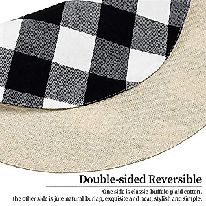 Senneny Round Placemats Set of 6 - Black and White Buffalo Plaid Placemats - Reversible Cotton and Burlap Placemats for Round Tables - Farmhouse Placemats for Dining Table