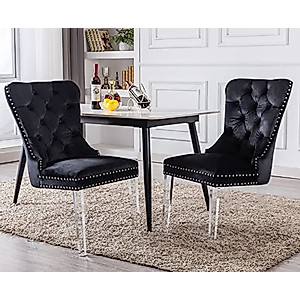 Kmax Velvet Elegant Upholstered Dining Chairs, Armless Accent Chair with Ring Pull Acrylic Legs, Set of 2 - Black