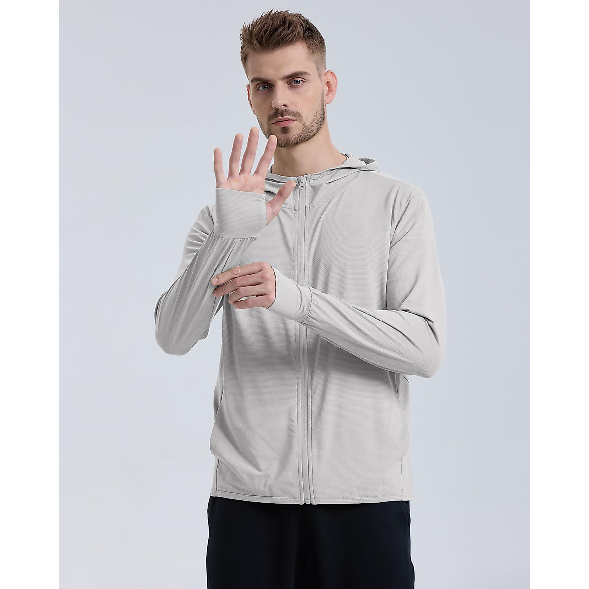 Locachy Men's UPF 50+ Sun Protection Outdoor Lightweight Full Zip Hoodie Jacket Long Sleeve Fishing Hiking Performance Shirt Light Grey M