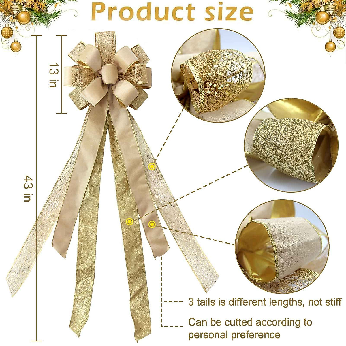 Christmas Tree Topper Bow, 43x13 Inches Large Toppers Bows for Christmas Tree, Glitter Satin Mesh Streamer and Wired Edge, Xmas Ornament Treetop Hanging Decorations & Gift