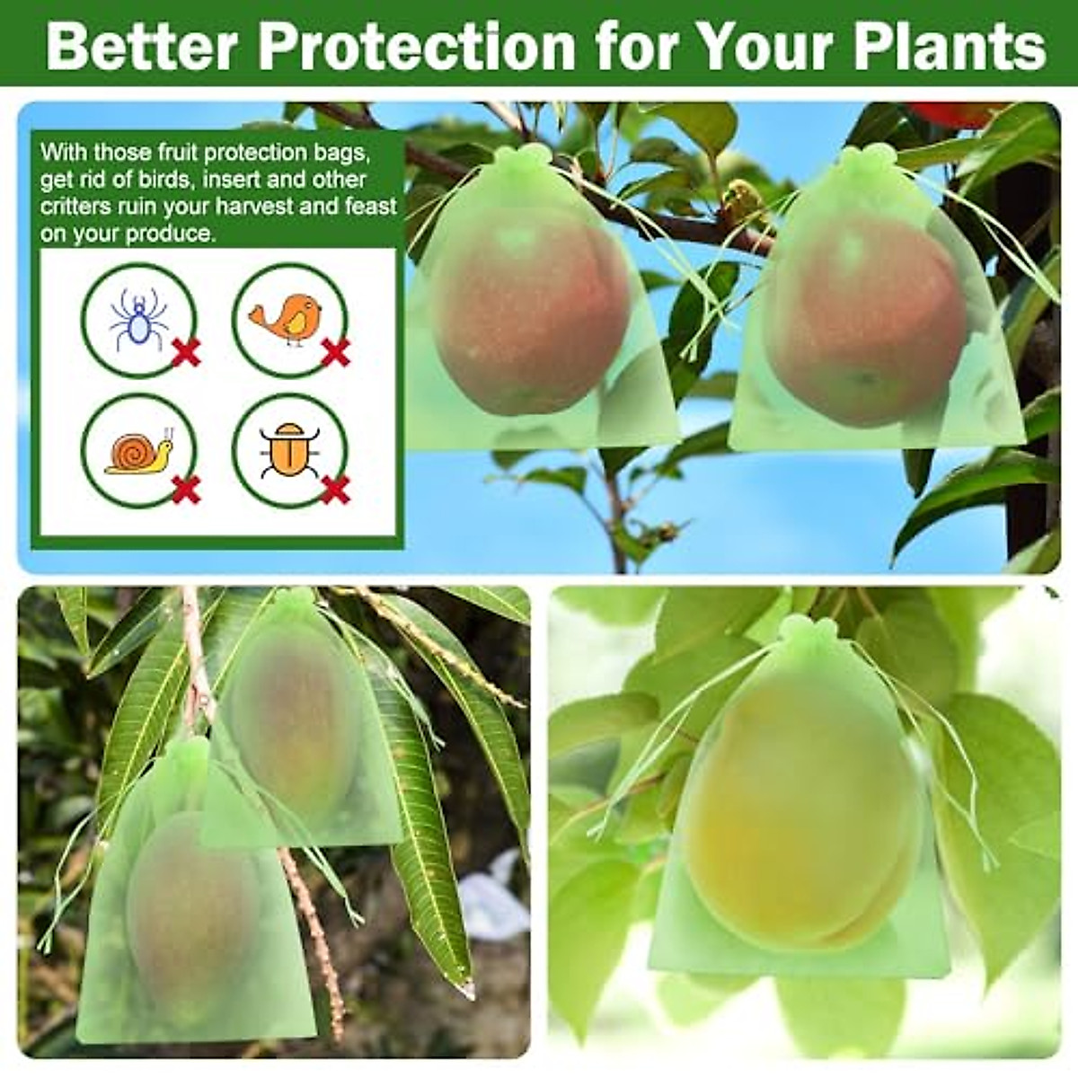 June Fox 50 Pcs Fruit Protection Bags 6x9 inch, Fruit Netting Cover Bags with Drawstring, Mesh Fruit Protectors Barrier Bags for Mangoes Tomatoes Fruit Trees Veggies Garden (Green)
