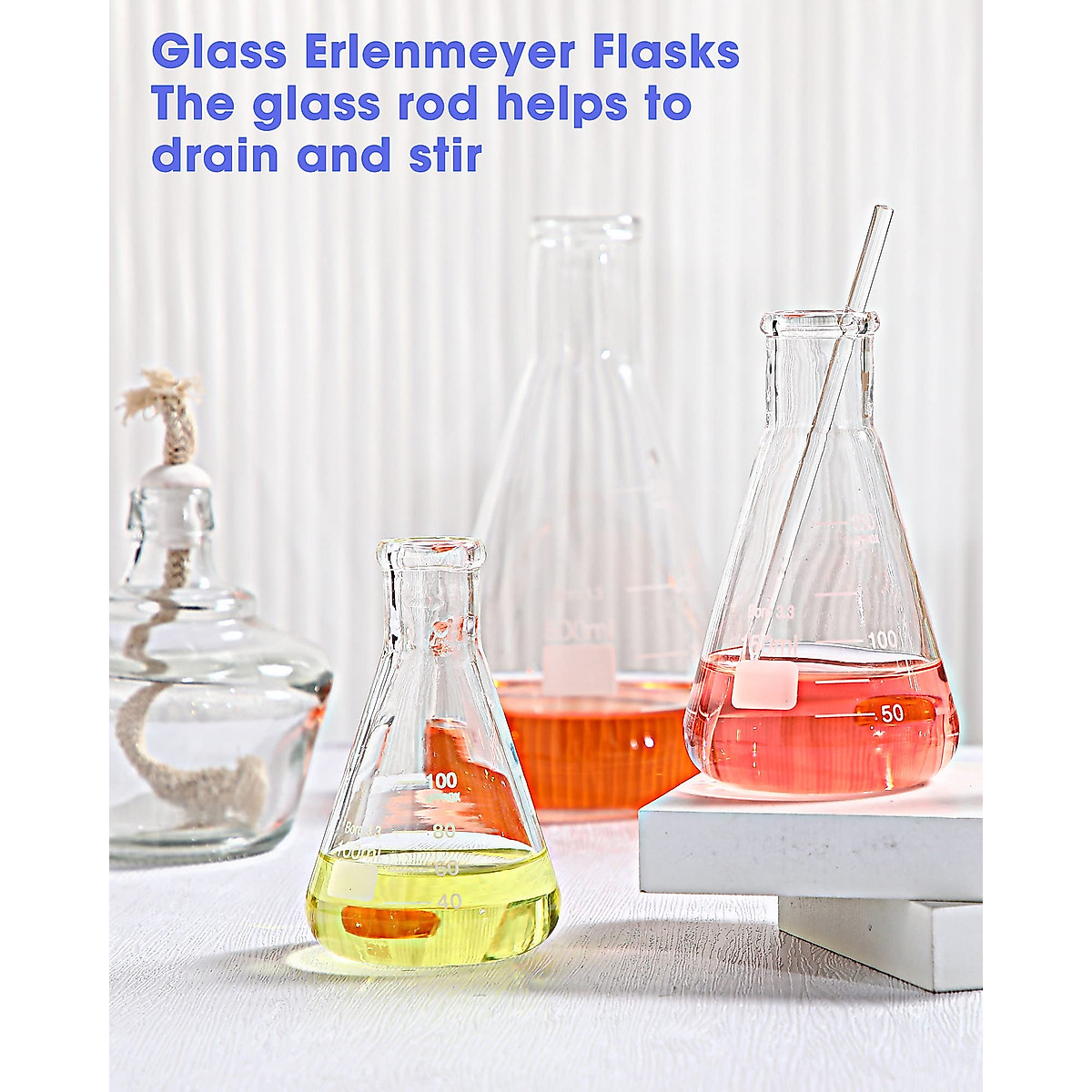 9 Pack Glass Erlenmeyer Flask Set with Glass Stirring Rod, 7 Sizes, 50ml, 100ml, 150ml, 200ml, 250ml, 300ml, 500ml, Borosilicate Glass Erlenmeyer Flasks with Printed Graduation for Lab Chemistry