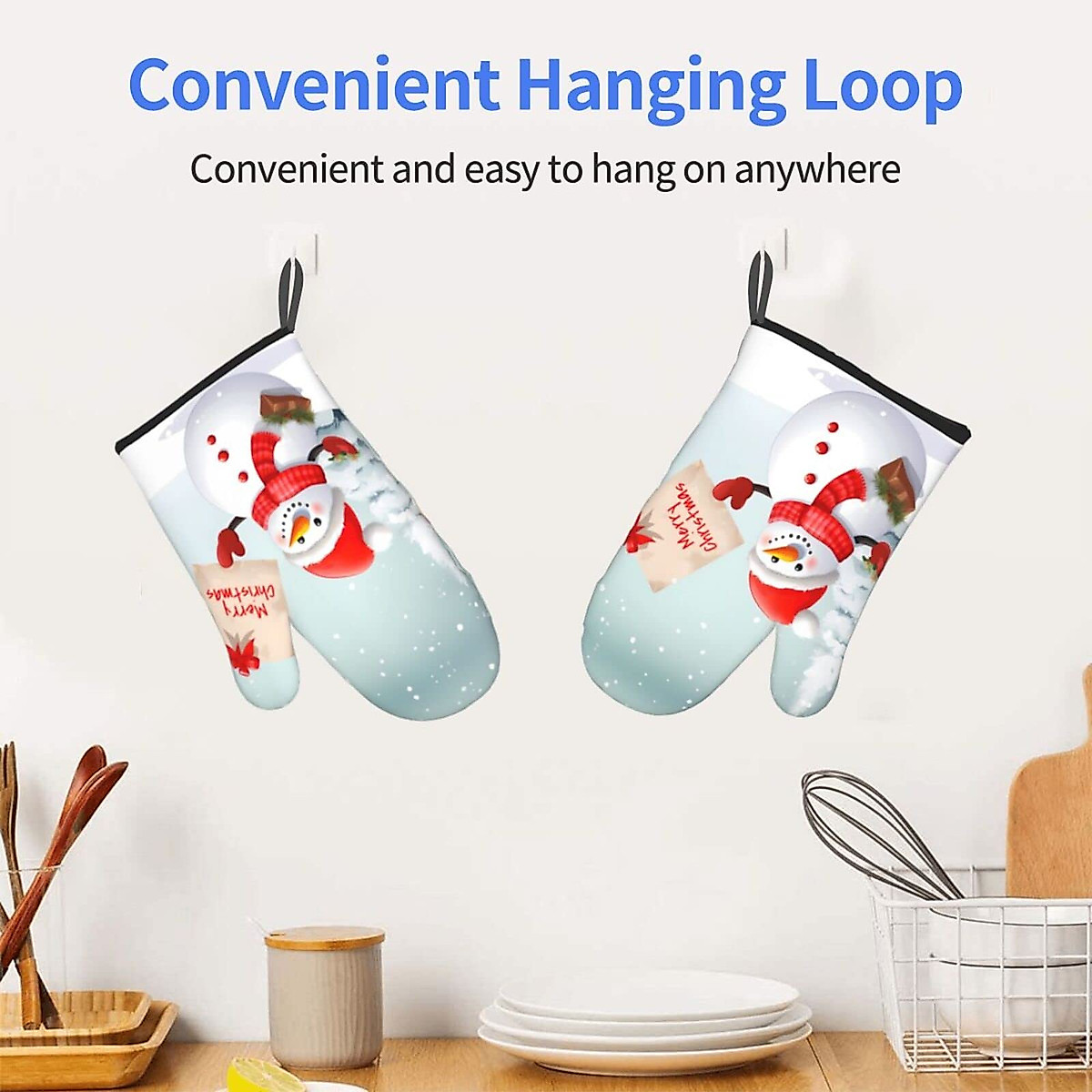 2 Piece Set Oven Mitts, Winter Snowman Cartoon Style Merry Christmas Baking Glove for Cooking BBQ