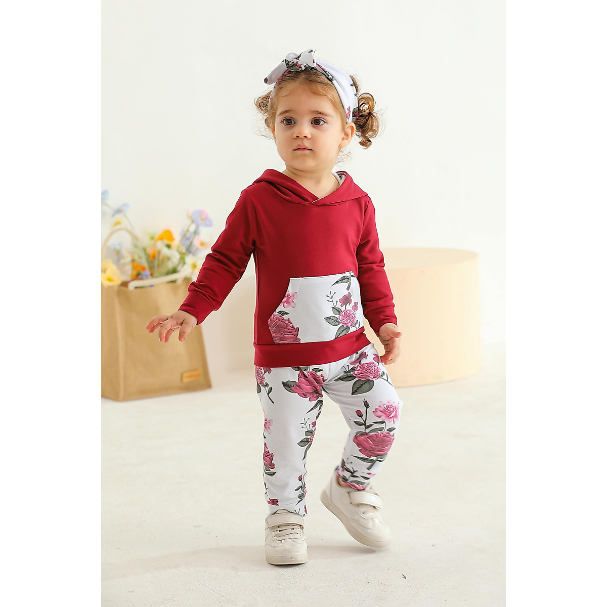Eghunooy Baby Girl Clothes Long Sleeve Floral Hoodie Sweatshirt Pants with Pocket Headband Outfit Sets (3-6 Months) Wine Red