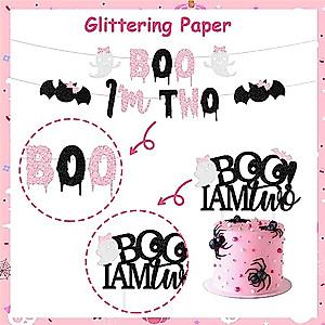 Halloween 2nd Birthday Decorations Girl, Boo I’m Two Banner & Cake Topper, Black Pink White Balloon Garland Arch Kit with 3D Bat Wall Stickers Number 2 Ghost Foil Balloons for Second Bday Party
