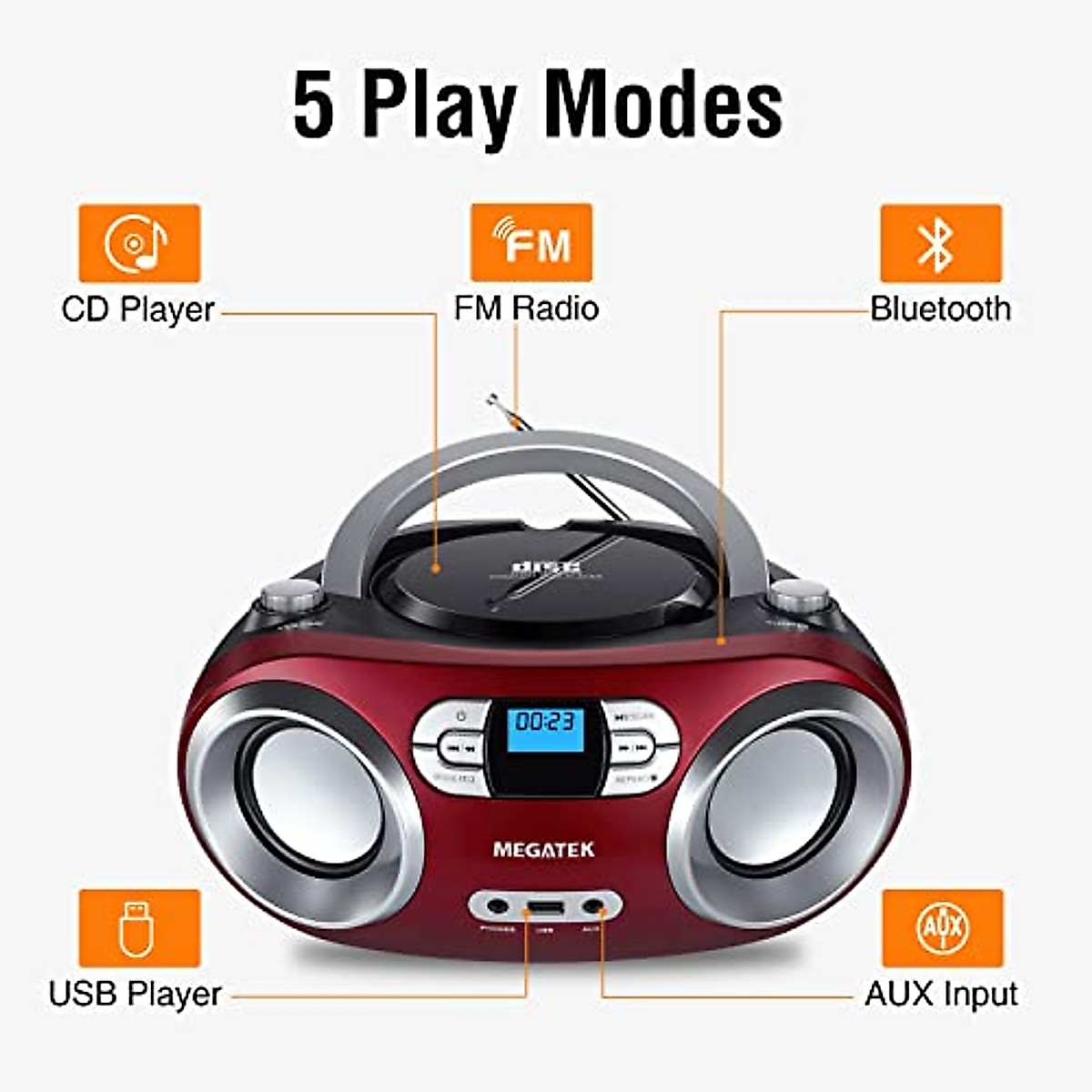MEGATEK Portable CD Player Boombox with FM Radio, Bluetooth, USB, Aux-in and Headphone Jack, CD-R/RW and MP3 CDs Compatible, Enhanced Stereo Sound, AC/Battery Operated - Cherry Red