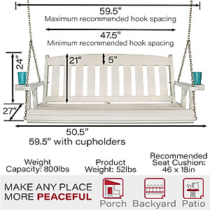 Amish Casual Heavy Duty 800 Lb Mission Treated Porch Swing with Hanging Chains and Cupholders (4 Foot, Semi-Solid White Stain)