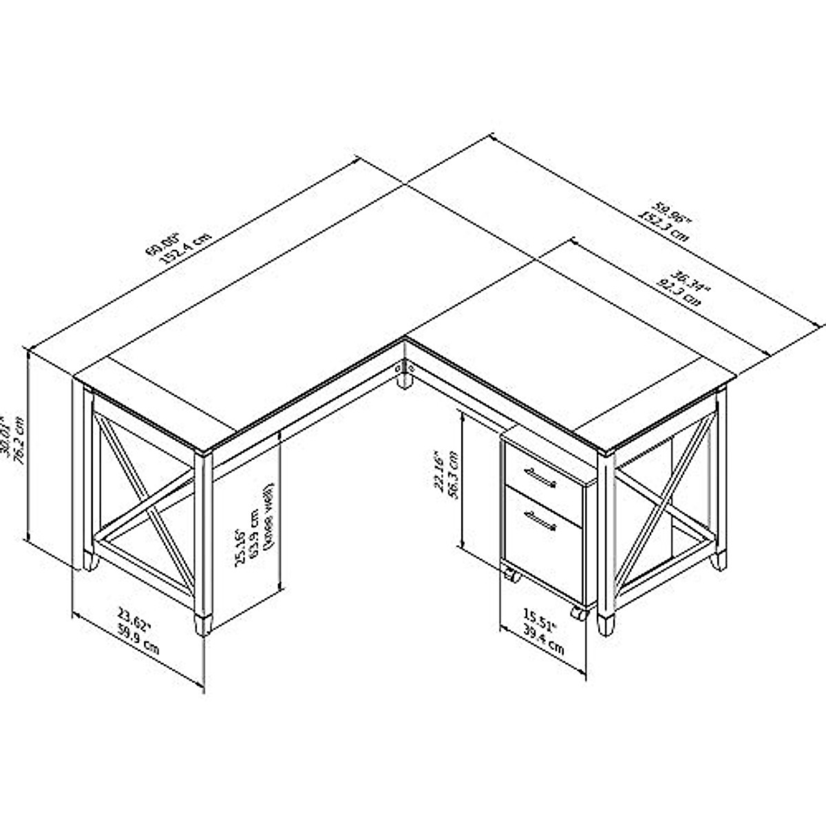 Bush Furniture Key West 60W L Shaped Desk with Mobile File Cabinet in Washed Gray