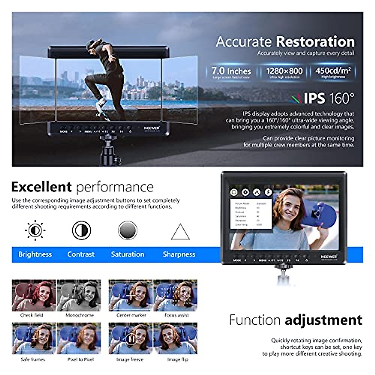 Neewer F100 7 Inch Camera Field Monitor HD Video Assist Slim IPS 1280x800 HDMI Input 1080p with 2600mAh Li-ion Battery/USB Charger，11” Magic Arm for DSLR Cameras, Stabilizer, Film Video Making Rig