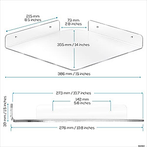 BRAINWAVZ 2-Pack 10” Corner Floating Shelf for Speakers, Books, Decor, Plants, Cameras, Photos, Kitchen, Bathroom, Routers & More Universal Small Holder Acrylic Wall Shelves (Clear)