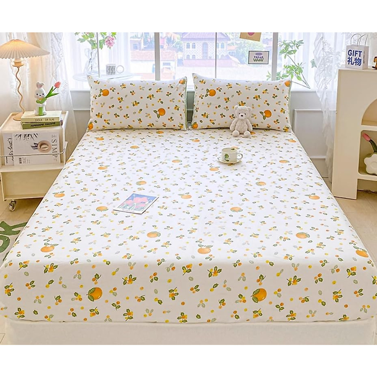 100% Cotton Fitted Sheet with Elastic Band +2pc Pillowcases Orange Fruit Print Double Queen Cal-King Size Mattress Cover for Girls Boys B99A (Queen (U.S. Standard))