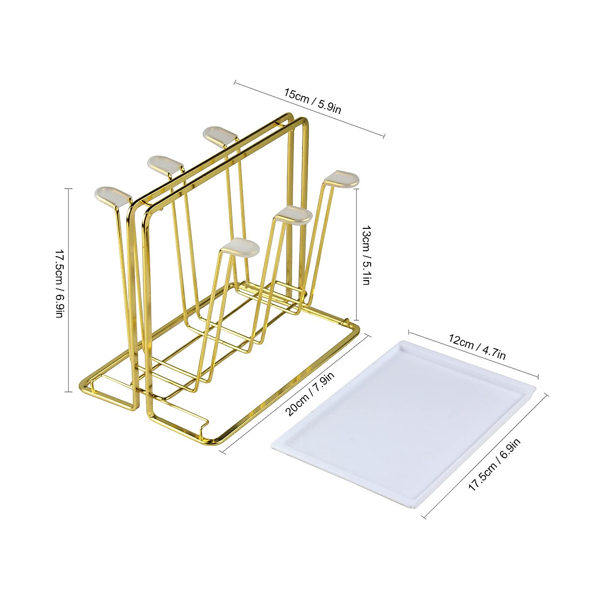 KCGANI Cup Bottle Drying Rack Stand, Metal Mugs Holder with Drain Tray, 6 Hooks Drying Organizer with Handle, Non-Slip Mugs Cups Organizer for Home Kitchen Countertop, Cabinet, Pantry