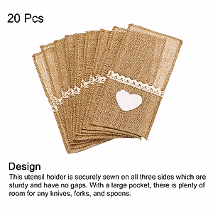 uxcell Burlap Lace Utensil Holders, 20Pcs Knife Forks Napkin Silverware Holder Bag Cutlery Pouch for Wedding Dinner Decor