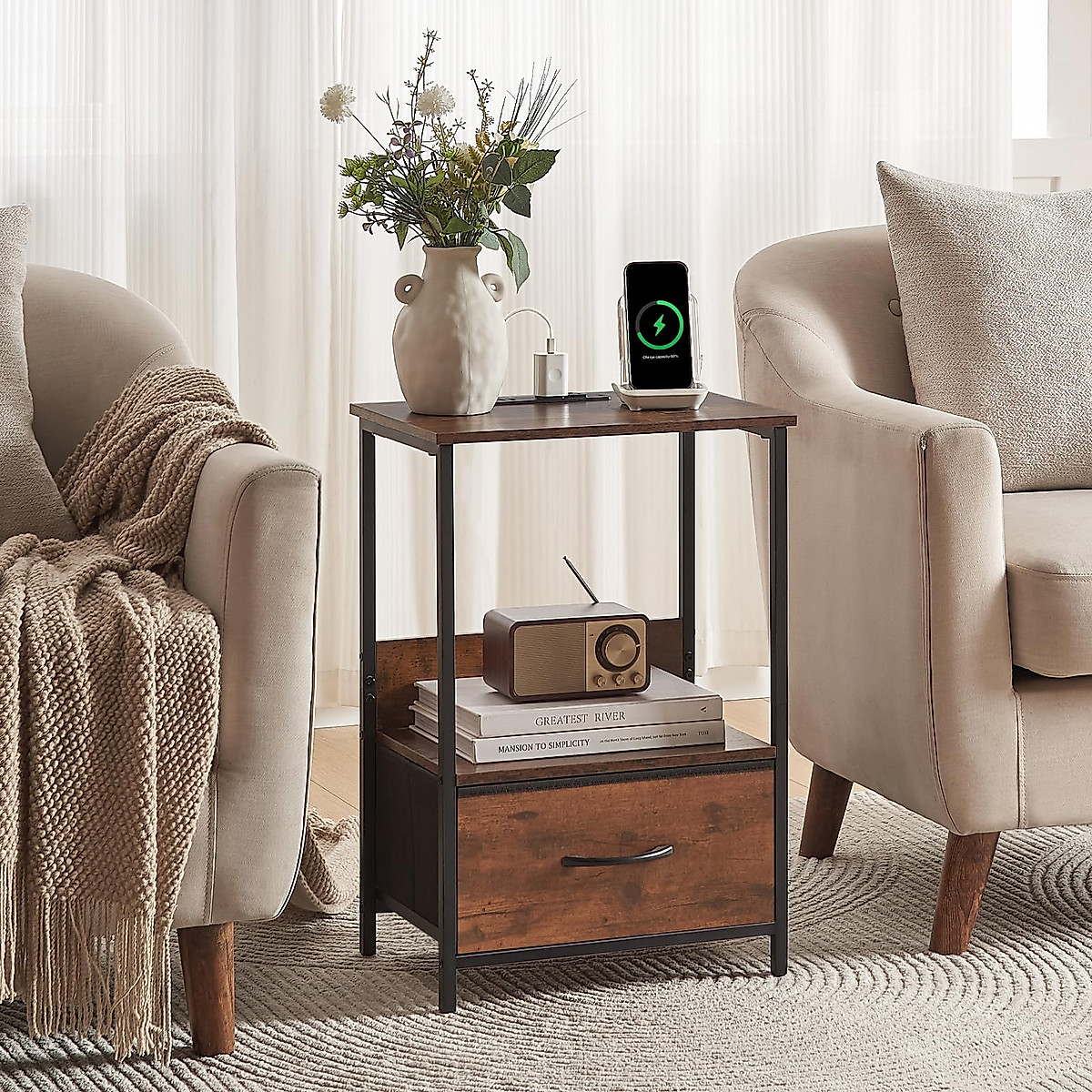 Somdot Night Stand with Charging Station and LED Light for Bedroom, Bedside Table End Table for Dorm Bedside Laundry Closet Entryway Hallway, Wood Grain Print