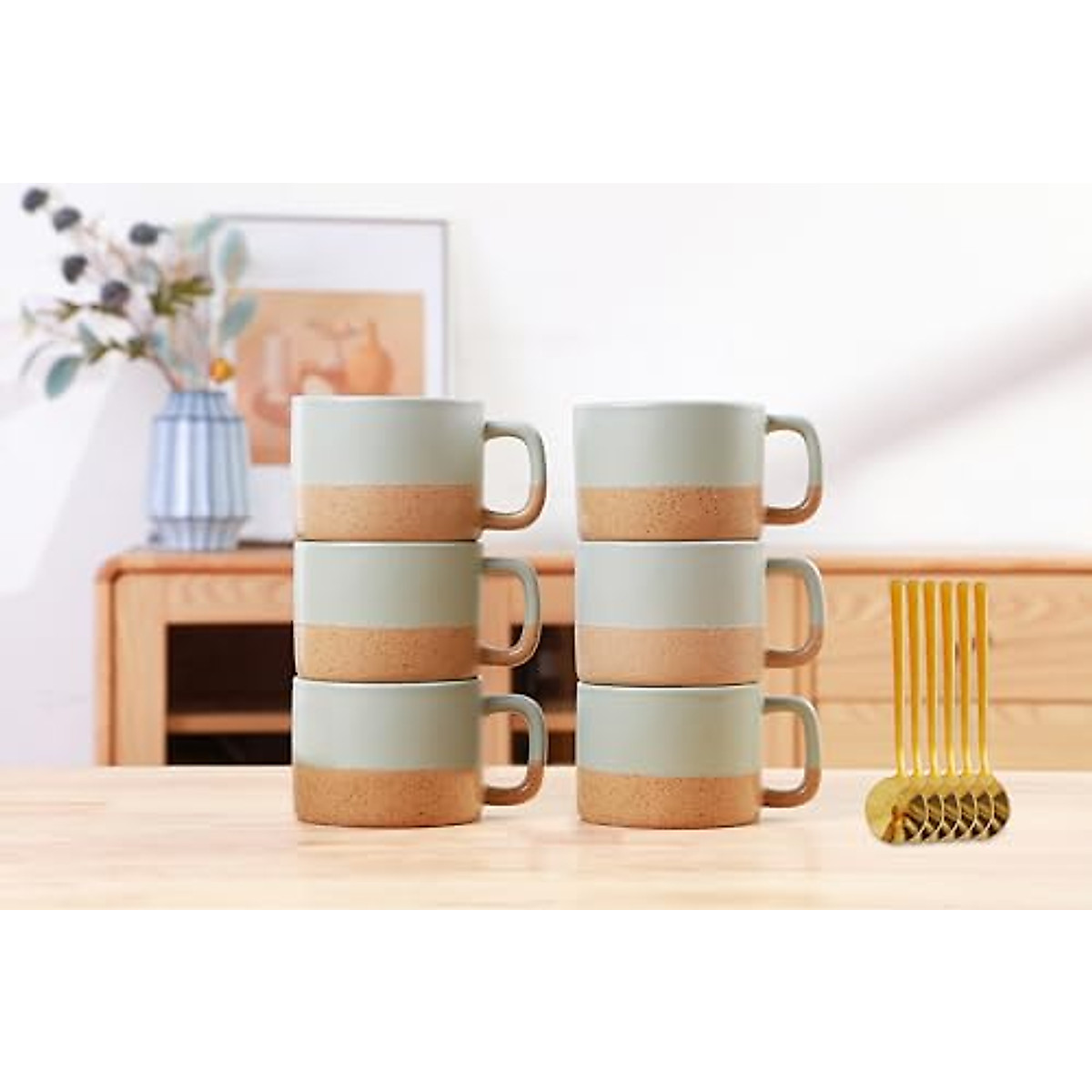 RB&RAMiCS 6 Pack Ceramic Coffee Mug Sets with small spoon, 10 Ounce Coffee Mugs, Restaurant Coffee Cups for Coffee, Tea, Cappuccino, Cocoa, Cereal (6)