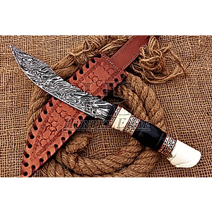HUNTEX Unique Custom Handmade Hand-Forged Ladder Pattern Damascus Steel 12 Inch Long Full Tang Buffalo Horn Handle Razor Sharp Hunting Camping Spay Point Slicer Knife with Genuine Leather Sheath