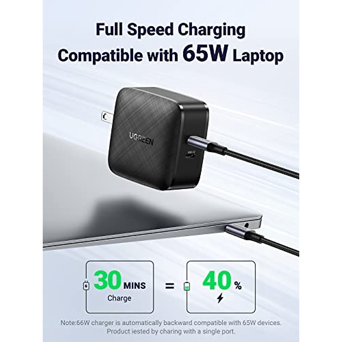 UGREEN 66w USB C Charger, 2 Ports Foldable Wall Charger, PD 65W Charger Power Adapter Compatible with MacBook, Dell/HP Laptops, iPad, iPhone 14, Galaxy S22/S21, Steam Deck, and More