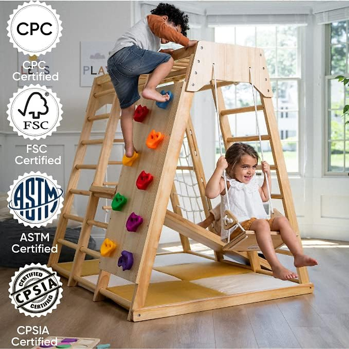 Avenlur Magnolia Indoor Playground 6-in-1 Jungle Gym Montessori Waldorf Style Wooden Climber Playset Slide, Rock Climbing Wall, Rope Wall Climber, Monkey Bars, Swing for Toddlers, Children Kids 2-6yrs