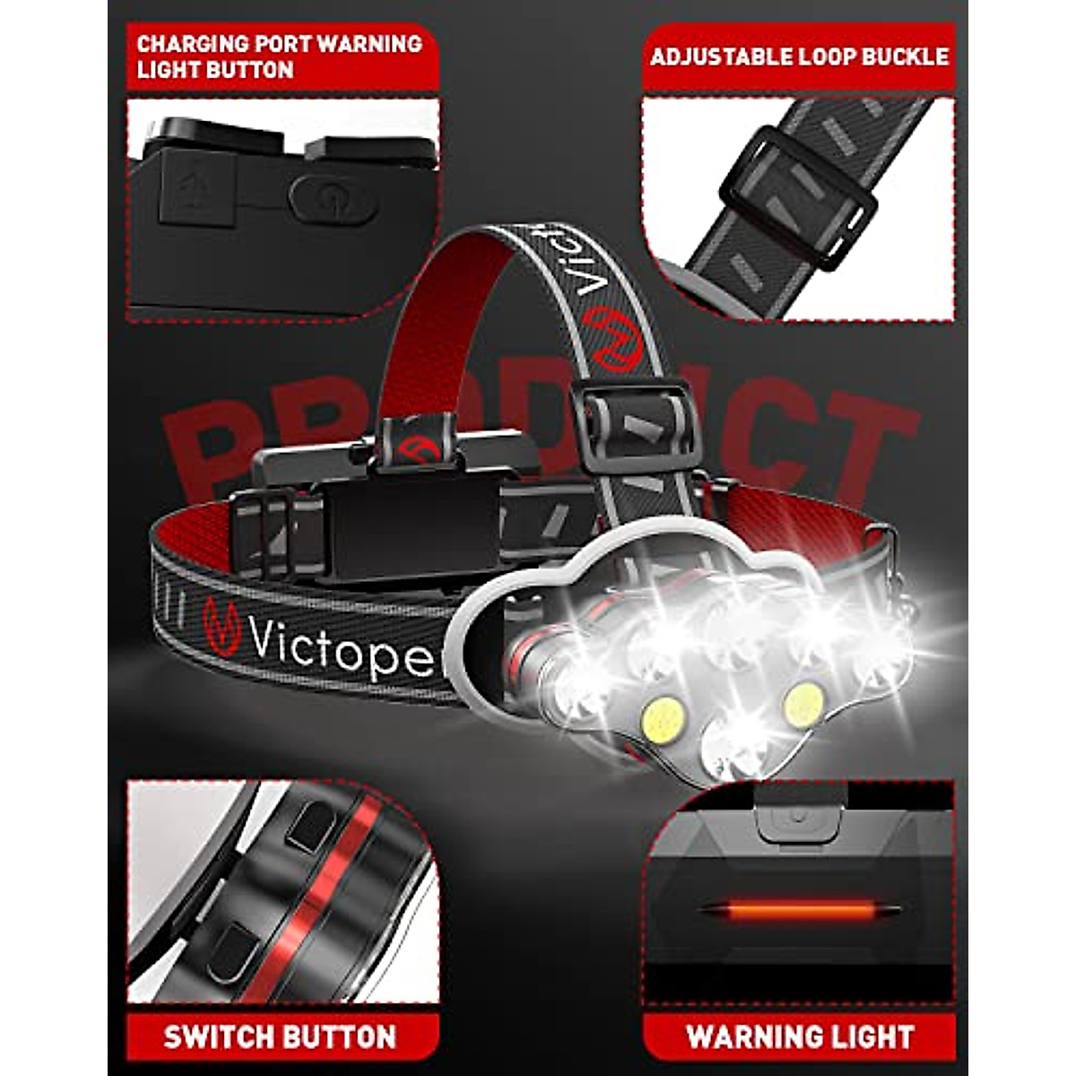 Victoper Rechargeable Headlamp, 8 LED 18000 High Lumen Bright Head Lamp with Red Light, Lightweight USB Head Light, 8 Mode Waterproof Head Flashlight for Outdoor Running Hunting Hiking Camping Gear