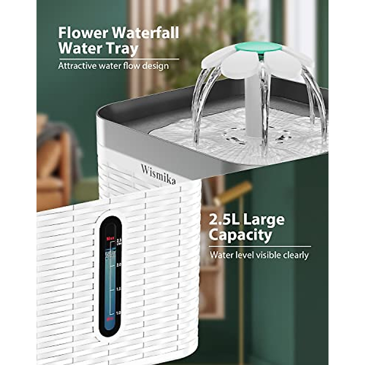 Wismika Upgraded Pet Fountain, 84oz/2.5L Automatic Cat Dog Water Fountain, Quiet Electric Dispenser Bowl with Intelligent Pump and LED Indicator and 3 Replacement Filters for Cats, Dogs