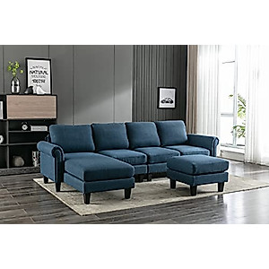 HAUSHECK Modern 4 Seater Sofas, U Shaped Modular Set with Ottomans, Sectional Couches for Living Room, Apartment, 108.66" L x 60.63" W x 32.68" H, Navy