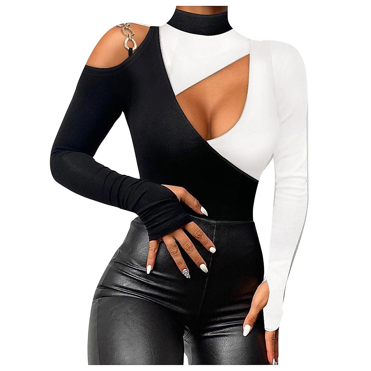Plus Size Tops for Women Long Sleeve One Shoulder Cut Out Halter Sexy Fashion Going Out Tops Dater Night Tshirts Trendy Dressy Blouses Summer Casual 2024 Spring Oversized Clothes Outfits White L