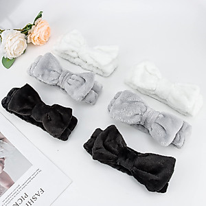 Casoty 6 Pcs Hair Band, Soft Coral Fleece Spa Headbands for Washing Face, Bow Hair Band, Makeup Headband, Skincare Headbands, Yoga, One Size Fits All, Grey, White, Black