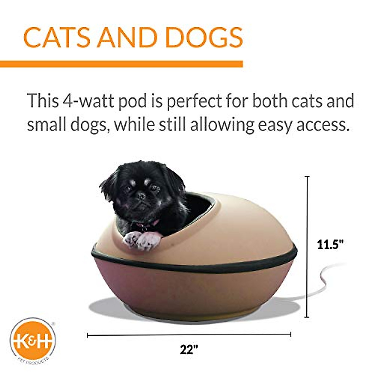 K&H PET PRODUCTS Thermo-Mod Dream Pod Heated Pet Bed 22 Inches Tan/Black