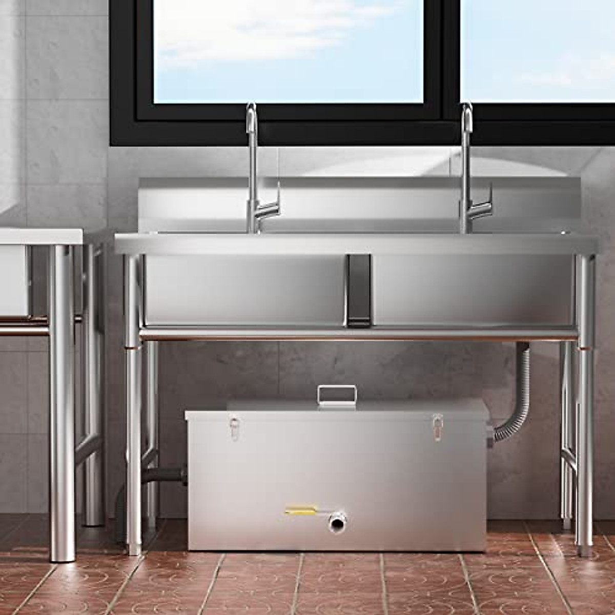 BEAMNOVA Commercial Grease Trap 25lbs Stainless Steel Interceptor, Side Inlet for Restaurant Home Kitchen Tools