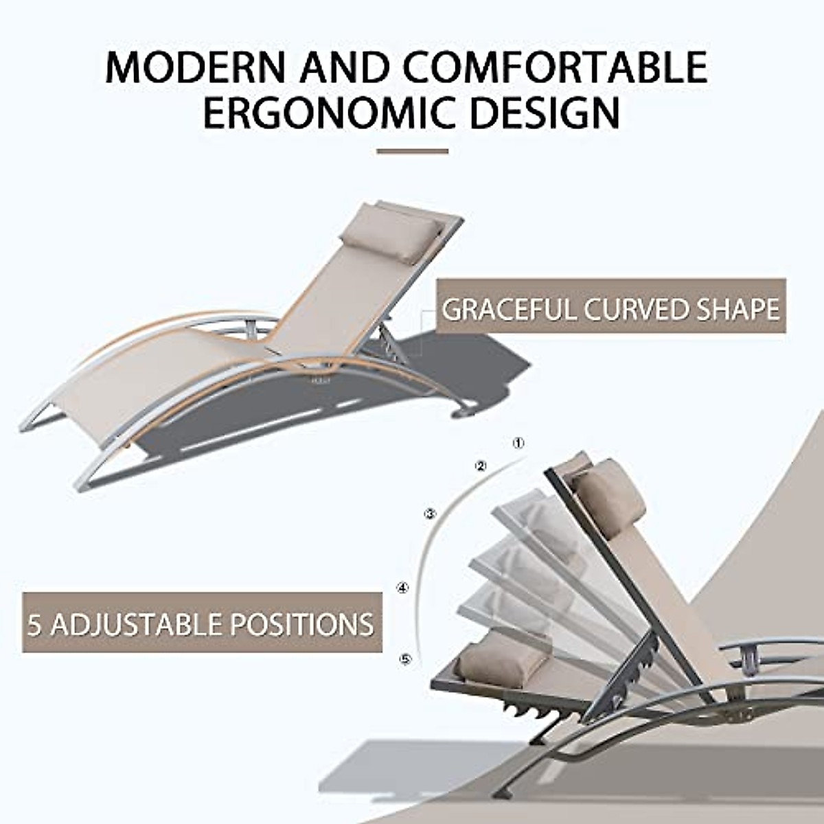 Domi Pool Lounge Chairs Set of 3, Adjustable Aluminum Outdoor Chaise Lounge Chairs with Metal Side Table, All Weather for Deck Lawn Poolside Backyard -Beige Textilene